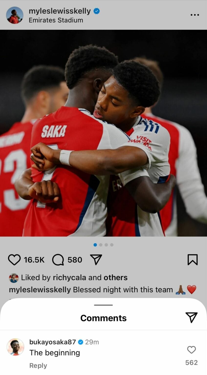 Bukayo Saka sends two-word message to Myles Lewis-Skelly after stunning ...