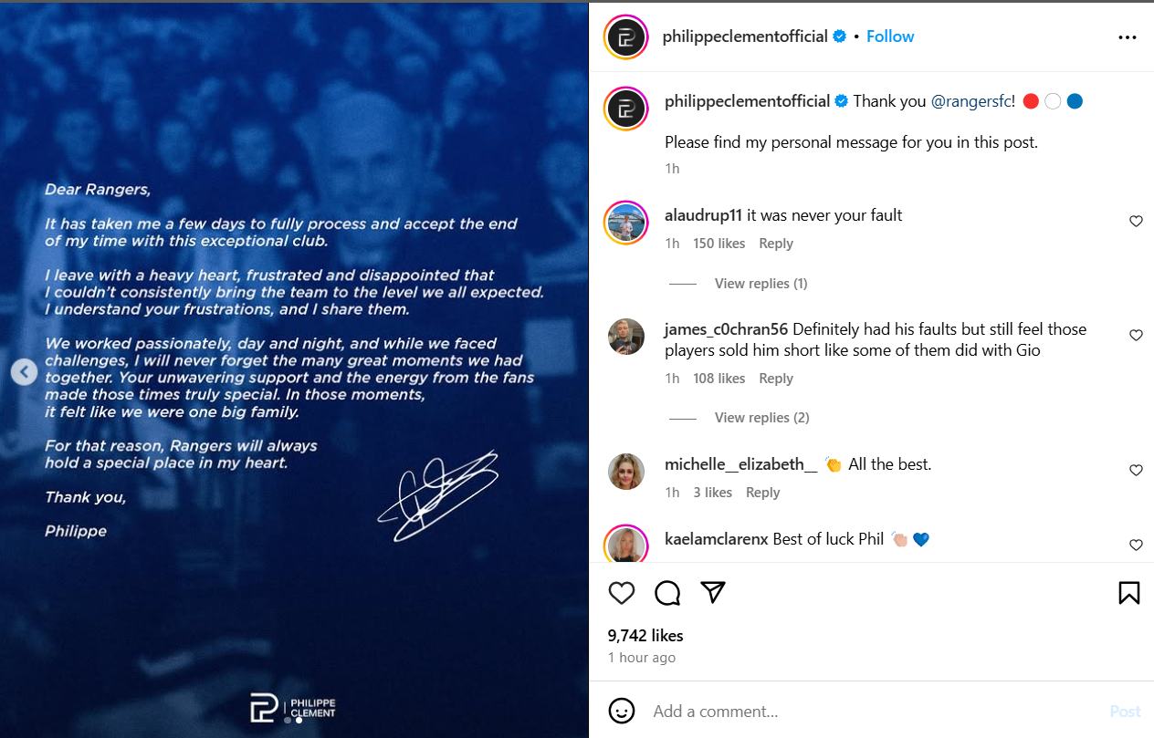 Philippe Clement breaks silence on Rangers sacking, shares 'exceptional ...